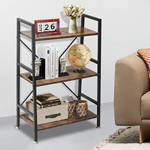 TooCust 3 Tier Bookshelf, 37" x 23" x 12.6", 3 Tier Bookcase, Small Bookshelf, Short Bookshelf, 3 Shelf Bookshelf, Vintage Standing Metal Frame Book Shelves, Rustic Brown