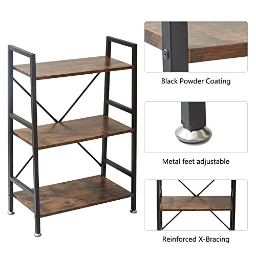 TooCust 3 Tier Bookshelf, 37" x 23" x 12.6", 3 Tier Bookcase, Small Bookshelf, Short Bookshelf, 3 Shelf Bookshelf, Vintage Standing Metal Frame Book Shelves, Rustic Brown