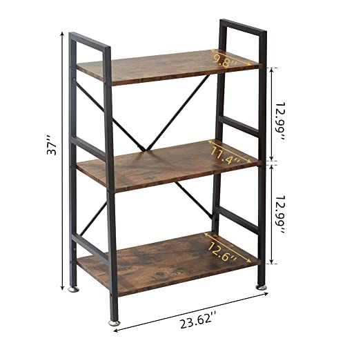 TooCust 3 Tier Bookshelf, 37" x 23" x 12.6", 3 Tier Bookcase, Small Bookshelf, Short Bookshelf, 3 Shelf Bookshelf, Vintage Standing Metal Frame Book Shelves, Rustic Brown