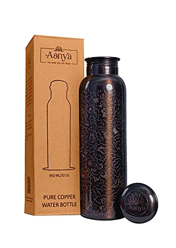 Aanya Pure Copper Water Bottle - 32 Oz Ayurvedic Copper Vessel with Engraved Design & Smooth Finish - Premium Copper Flask with Leak Proof Design & Silicone Ring Cap (Black & Brown Shade)