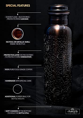 Aanya Pure Copper Water Bottle - 32 Oz Ayurvedic Copper Vessel with Engraved Design & Smooth Finish - Premium Copper Flask with Leak Proof Design & Silicone Ring Cap (Black & Brown Shade)