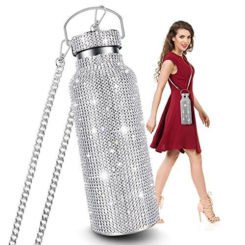 Diamond Water Bottle, Bling Diamond Vacuum Flask, Sparkling Diamond Water Bottle, High-Grade Stainless Steel Rhinestone Vacuum Flask, Leak-Proof Vacuum Flask With Chain (Silver, 500ML)