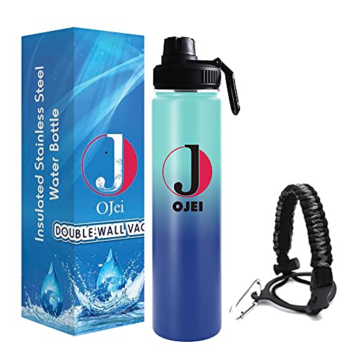 OJEI Stainless Steel Vacuum Insulated Water Bottle With Paracord Handle for Sports w/lid (Sky Blue / Navy Blue, 24oz)