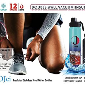 OJEI Stainless Steel Vacuum Insulated Water Bottle With Paracord Handle for Sports w/lid (Sky Blue / Navy Blue, 24oz)