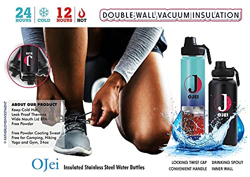 OJEI Stainless Steel Vacuum Insulated Water Bottle With Paracord Handle for Sports w/lid (Sky Blue / Navy Blue, 24oz)