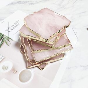 rose quartz decor coaster, natural pink crystal coasters gold edge set of 4 (square 3.5''-4)