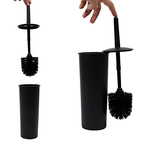 Casaphoria Compact Freestanding Plastic Toilet Bowl Brush and Holder for Bathroom Storage and Organization - Space Saving, Sturdy, Deep Cleaning, Covered Brush - Black