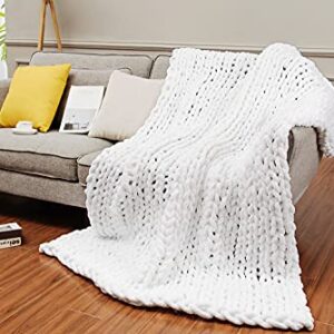 XPKWS Chunky Knit Throw Blanket Cozy Chenille Handmade Blanket for Bed Sofa Boho Chair Home Decor (White, 51"x63")