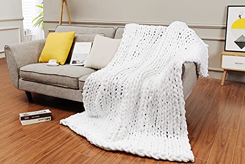 XPKWS Chunky Knit Throw Blanket Cozy Chenille Handmade Blanket for Bed Sofa Boho Chair Home Decor (White, 51"x63")