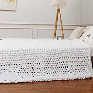 XPKWS Chunky Knit Throw Blanket Cozy Chenille Handmade Blanket for Bed Sofa Boho Chair Home Decor (White, 51"x63")