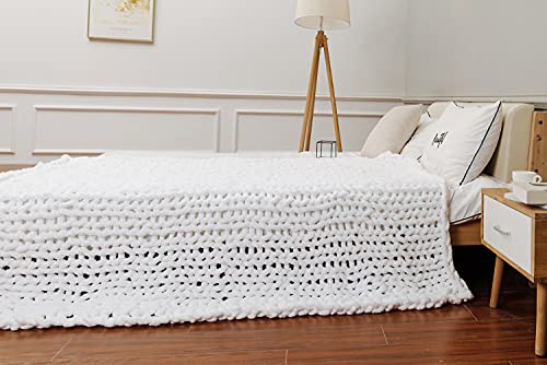 XPKWS Chunky Knit Throw Blanket Cozy Chenille Handmade Blanket for Bed Sofa Boho Chair Home Decor (White, 51"x63")