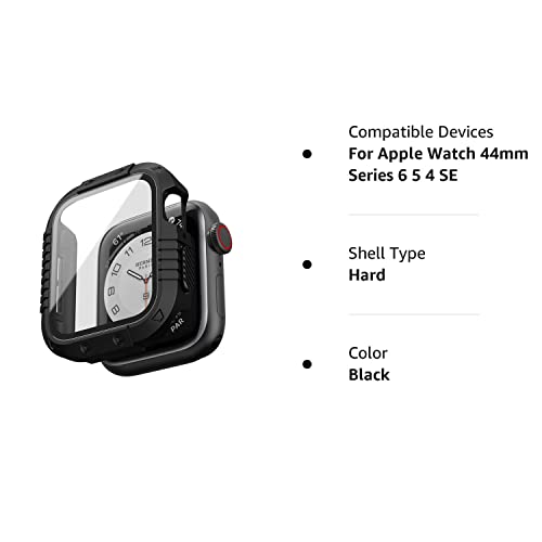 GELISHI Rugged PC Case with Tempered Glass Screen Protector Compatible with Apple Watch 44mm Series 6 Series 5 Series 4 SE Men, Black