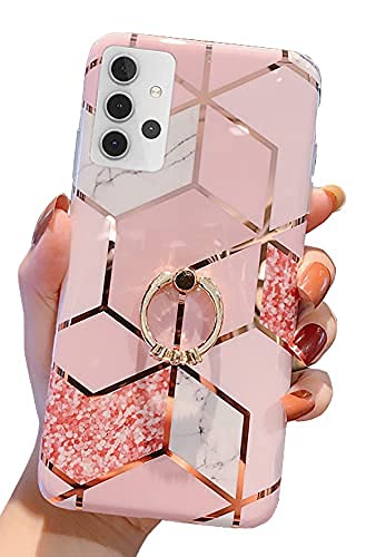 Qokey Compatible for Samsung Galaxy A32 5G Case(Not fit A32 4G),Bling Cute Flower Marble 360°Ring Holder Kickstand Soft TPU Shockproof Girls Women Cover Designed for Galaxy A32 5G 6.5" Rhombic Marble