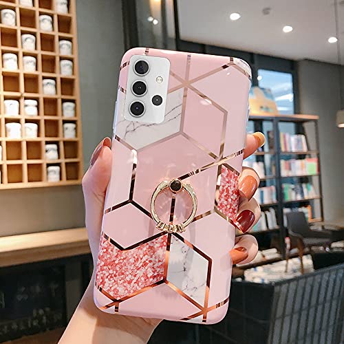 Qokey Compatible for Samsung Galaxy A32 5G Case(Not fit A32 4G),Bling Cute Flower Marble 360°Ring Holder Kickstand Soft TPU Shockproof Girls Women Cover Designed for Galaxy A32 5G 6.5" Rhombic Marble