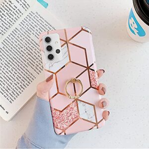 Qokey Compatible for Samsung Galaxy A32 5G Case(Not fit A32 4G),Bling Cute Flower Marble 360°Ring Holder Kickstand Soft TPU Shockproof Girls Women Cover Designed for Galaxy A32 5G 6.5" Rhombic Marble