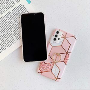 Qokey Compatible for Samsung Galaxy A32 5G Case(Not fit A32 4G),Bling Cute Flower Marble 360°Ring Holder Kickstand Soft TPU Shockproof Girls Women Cover Designed for Galaxy A32 5G 6.5" Rhombic Marble