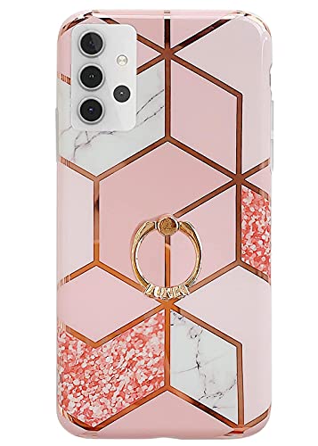 Qokey Compatible for Samsung Galaxy A32 5G Case(Not fit A32 4G),Bling Cute Flower Marble 360°Ring Holder Kickstand Soft TPU Shockproof Girls Women Cover Designed for Galaxy A32 5G 6.5" Rhombic Marble