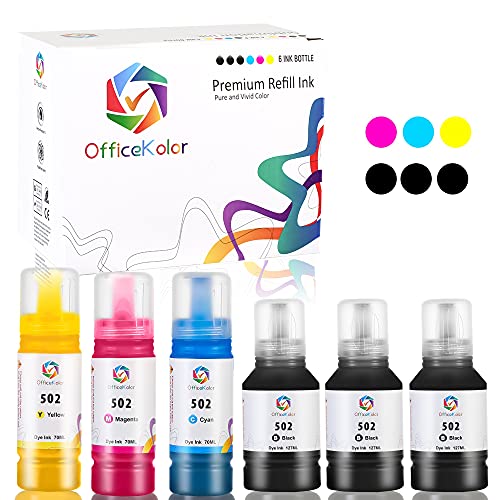 OfficeKolor 6 Pack Ink Refill Bottles Replacement 502 T502 Compatible for Ecotank ET-2750 ET-4700 ET-3750 ET-4750 ET-3760 ET-4760 ET-2700 ET-3700 ET-15000 ST-2000 ST-3000 ST-4000 Inkjet Printers