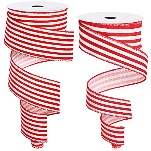 22 Yards Christmas Stripe Wired Edge Ribbon 1.5/2.5 Inch Craft Striped Ribbon Striped Fabric Ribbon for Bow Home Decor Wrapping Christmas Holiday DIY Party (Red and White Stripes)