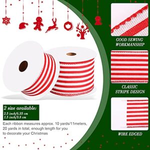 22 Yards Christmas Stripe Wired Edge Ribbon 1.5/2.5 Inch Craft Striped Ribbon Striped Fabric Ribbon for Bow Home Decor Wrapping Christmas Holiday DIY Party (Red and White Stripes)