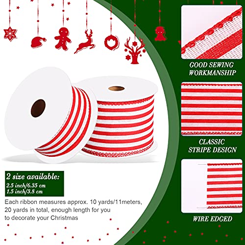 22 Yards Christmas Stripe Wired Edge Ribbon 1.5/2.5 Inch Craft Striped Ribbon Striped Fabric Ribbon for Bow Home Decor Wrapping Christmas Holiday DIY Party (Red and White Stripes)