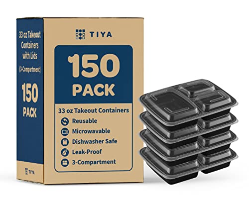 TIYA Takeout Food Containers - 33 oz Bulk 150 Pack with Lids - Plastic Compartment Storage To-Go Boxes - Reusable, Microwavable, Dishwasher Safe - Leak Proof for Restaurants and Meal Prep