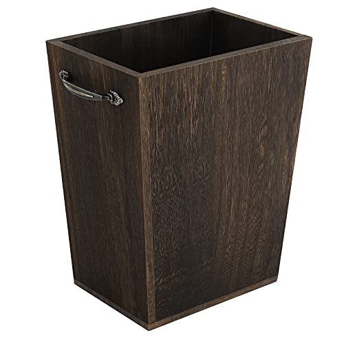 Wood Trash Can, Rustic Farmhouse Style Wastebasket Small Square Garbage Bin with Metal Handle for Living Room Bedroom Bathroom Office (Brown)