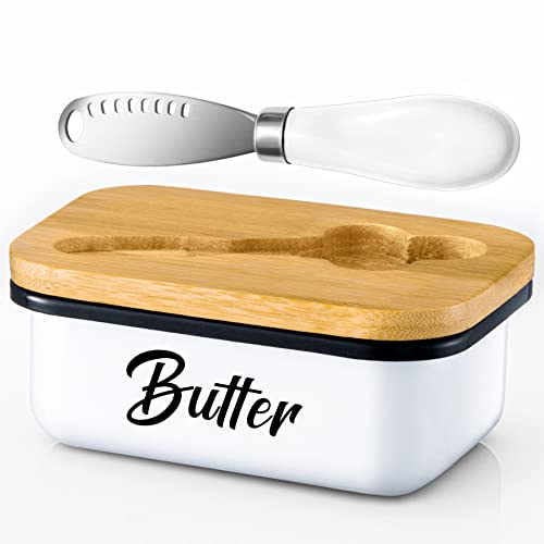 Farmhouse Butter Dish with Lid, Vivimee Metal Butter Container with Wooden Lid, White Butter Dish Keeps Your Butter Soft, Butter Keeper Holder, Butter Crock with Lid for Counter or Fridge