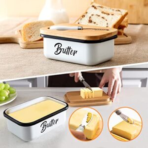 Farmhouse Butter Dish with Lid, Vivimee Metal Butter Container with Wooden Lid, White Butter Dish Keeps Your Butter Soft, Butter Keeper Holder, Butter Crock with Lid for Counter or Fridge