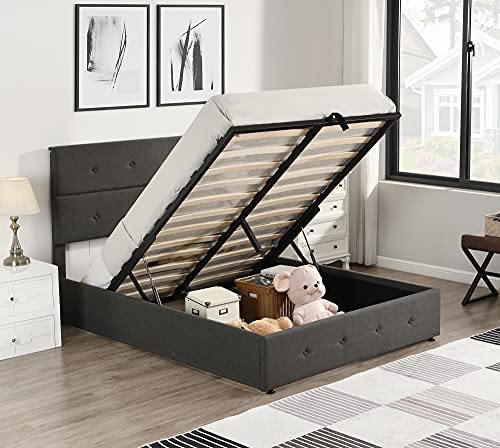 Lift Up Bed with Storage, Platform Bed Frame Full Size with Headboard, Lift Up Storage Bed with, Full Upholstered Bed with Hydraulic Storage System, Grey（Button-Tufted）