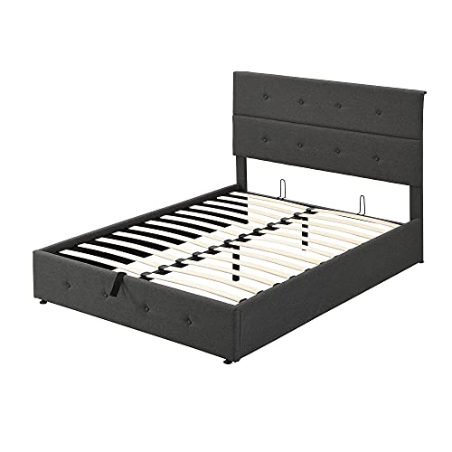 Lift Up Bed with Storage, Platform Bed Frame Full Size with Headboard, Lift Up Storage Bed with, Full Upholstered Bed with Hydraulic Storage System, Grey（Button-Tufted）