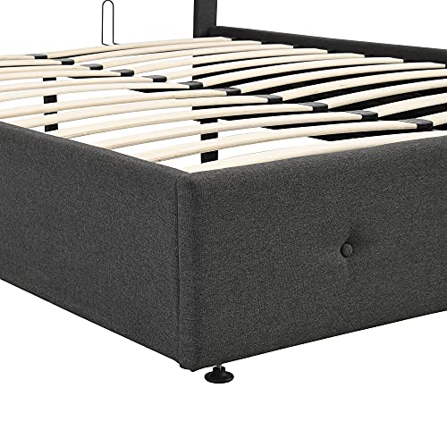 Lift Up Bed with Storage, Platform Bed Frame Full Size with Headboard, Lift Up Storage Bed with, Full Upholstered Bed with Hydraulic Storage System, Grey（Button-Tufted）