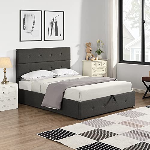 Lift Up Bed with Storage, Platform Bed Frame Full Size with Headboard, Lift Up Storage Bed with, Full Upholstered Bed with Hydraulic Storage System, Grey（Button-Tufted）