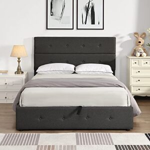 Lift Up Bed with Storage, Platform Bed Frame Full Size with Headboard, Lift Up Storage Bed with, Full Upholstered Bed with Hydraulic Storage System, Grey（Button-Tufted）