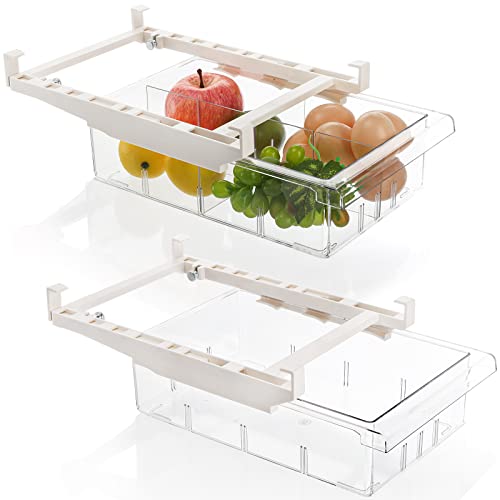 Yesland 2 Pcs Fridge Drawer Organizer with Handle and 4 Divided Sections - Pull-out Refrigerator Storage Drawers Bins and Refrigerator Storage Box - Clear Container for 0.6'' Fridge Shelf