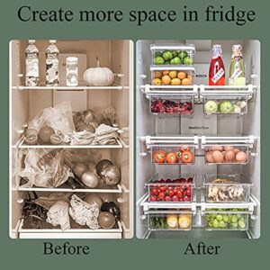 Yesland 2 Pcs Fridge Drawer Organizer with Handle and 4 Divided Sections - Pull-out Refrigerator Storage Drawers Bins and Refrigerator Storage Box - Clear Container for 0.6'' Fridge Shelf