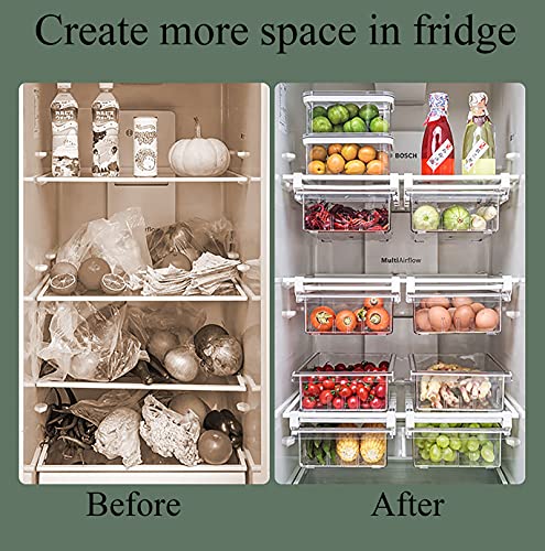 Yesland 2 Pcs Fridge Drawer Organizer with Handle and 4 Divided Sections - Pull-out Refrigerator Storage Drawers Bins and Refrigerator Storage Box - Clear Container for 0.6'' Fridge Shelf