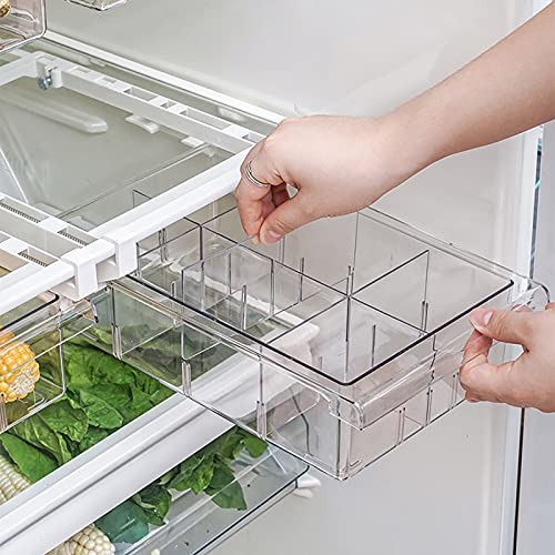 Yesland 2 Pcs Fridge Drawer Organizer with Handle and 4 Divided Sections - Pull-out Refrigerator Storage Drawers Bins and Refrigerator Storage Box - Clear Container for 0.6'' Fridge Shelf