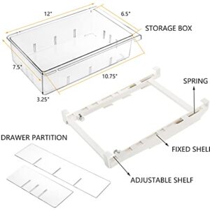 Yesland 2 Pcs Fridge Drawer Organizer with Handle and 4 Divided Sections - Pull-out Refrigerator Storage Drawers Bins and Refrigerator Storage Box - Clear Container for 0.6'' Fridge Shelf