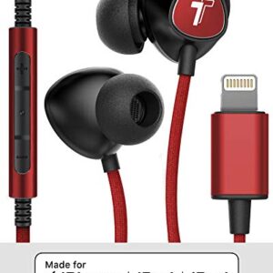 Thore iPhone Earphones (Apple MFi Certified) V110 in Ear Braided Wired Lightning Earbuds (Sweat/Water Resistant) Headphones with Mic/Volume Remote for iPhone 12/13/14 Pro Max - Red