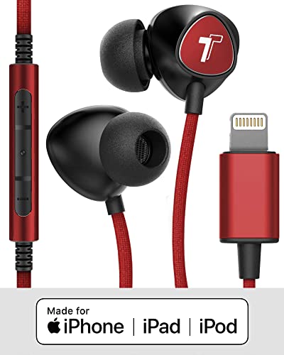 Thore iPhone Earphones (Apple MFi Certified) V110 in Ear Braided Wired Lightning Earbuds (Sweat/Water Resistant) Headphones with Mic/Volume Remote for iPhone 12/13/14 Pro Max - Red