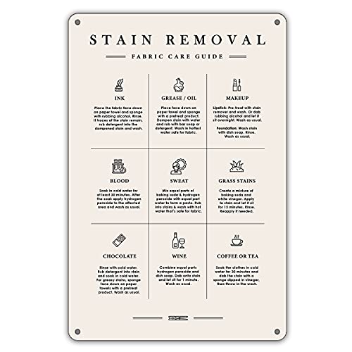 QIONGQI Funny Laundry Stain Removal Fabric Care Guide Metal Tin Sign Wall Decor Laundry Sign for Home Laundry Room Decor Gifts