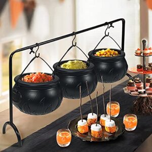 halloween decor - halloween party decorations - set of 3 witches cauldron serving bowls on rack - black plastic hocus pocus candy bucket cauldron for indoor outdoor home kitchen decoration