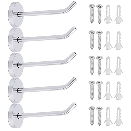 Yinpecly 3.94" Height Stainless Steel Wall Mounted Hook Elephant Nose Hook Robe Hooks Single Towel Hanger with Screws, for Bedroom Bathroom Kitchen Silver Tone 5pcs