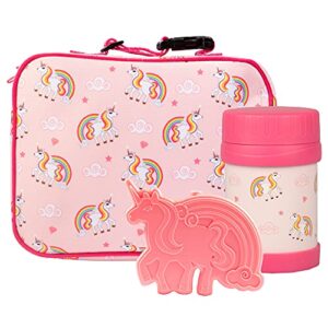 bentology kids lunch bag set (unicorn) w reusable hard ice pack and double-insulated food jar - perfect lunchbox kits for girls back to school