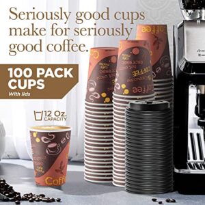 Disposable Coffee Cups with Lids 12 oz (100 Pack) - To Go Paper Coffee Cups for Hot & Cold Beverages, Coffee, Tea, Hot Chocolate, Water, Juice - Eco Friendly Cups