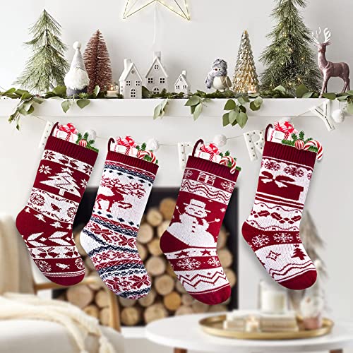 chfine Christmas Stockings,4 Pack 18 Inches Red Large Personalized Christmas Stockings Fireplace Hanging Decorations for Family Holiday Season