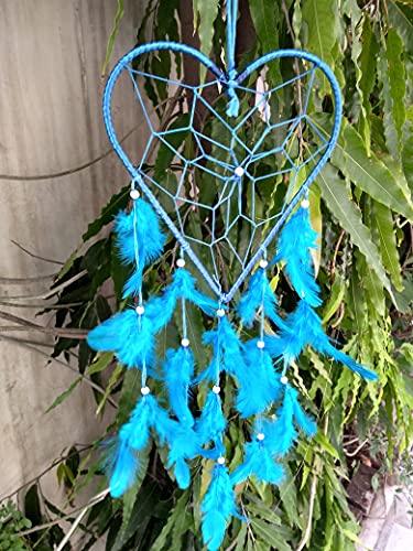 FIKIMOS Dream Catchers Wall Decor, Handmade Feather Bedroom Home Car Decor Nursery Room Hanging Decoration (Big Blue Heart)