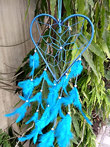 FIKIMOS Dream Catchers Wall Decor, Handmade Feather Bedroom Home Car Decor Nursery Room Hanging Decoration (Big Blue Heart)