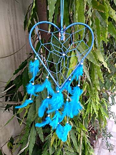 FIKIMOS Dream Catchers Wall Decor, Handmade Feather Bedroom Home Car Decor Nursery Room Hanging Decoration (Big Blue Heart)